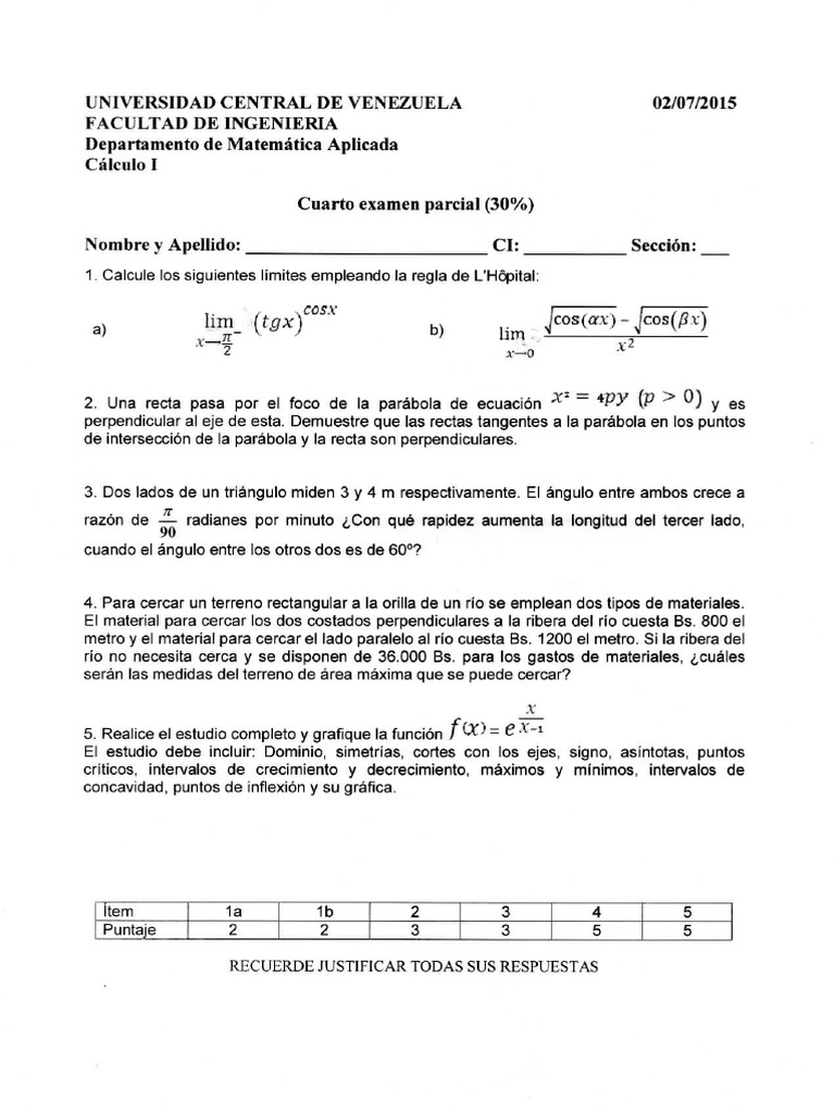 Cálculo I Parcial 4 Sem 1-2015 (Resuelto) | PDF