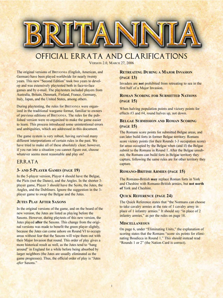 BRITANNIA Second Edition Errata Guide | PDF | Roman Britain | Military