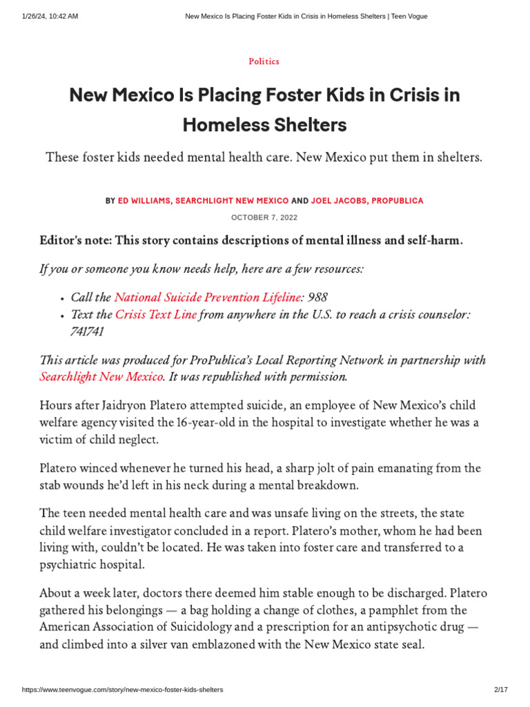 New Mexico Is Placing Foster Kids in Crisis in Homeless Shelters - Teen ...