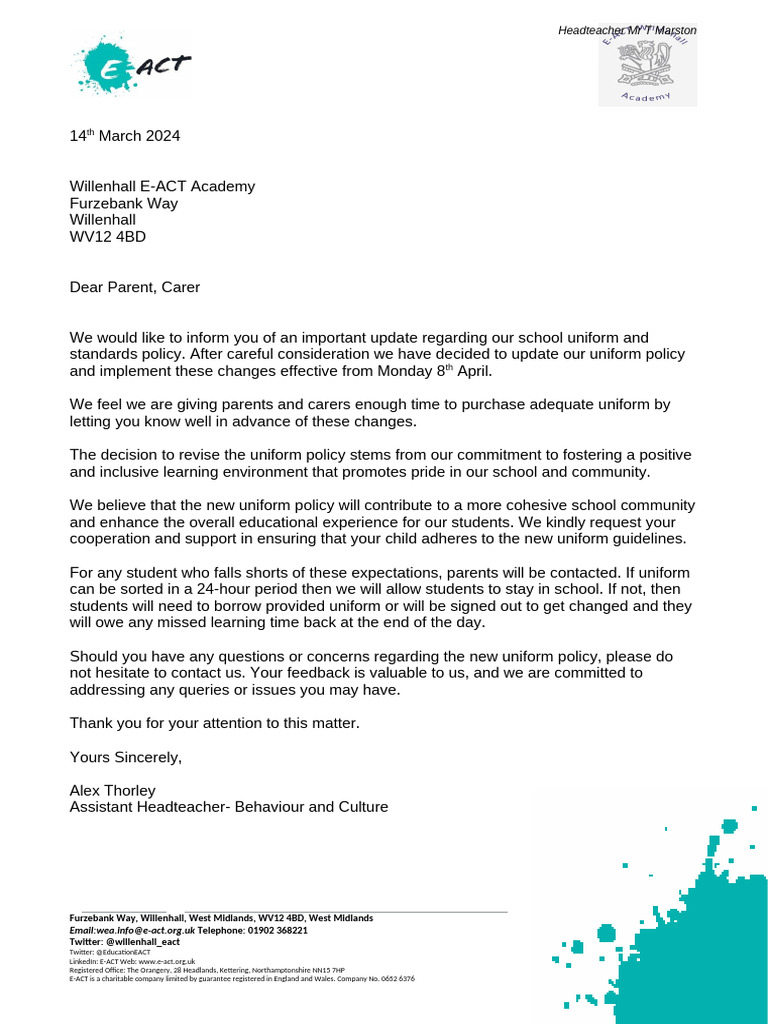 Willenhall E-ACT Academy Uniform Update | PDF | Human Appearance ...