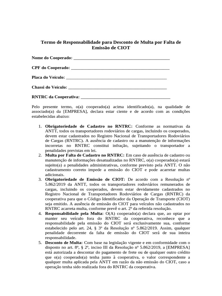 Termo de Responsabilidade - CIOT e ANTT | PDF | Cooperativa
