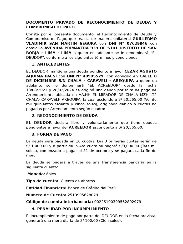 Documento Privado de Reconocimiento de Deuda y Compromiso de Pago | PDF | Deuda | Bancos