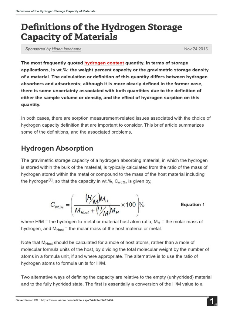 Hydrogen Storage Capacity Explained | PDF | Adsorption | Density