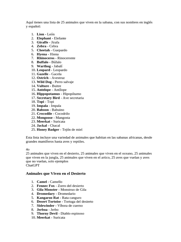 Animales de la Sabana: 25 Especies | PDF