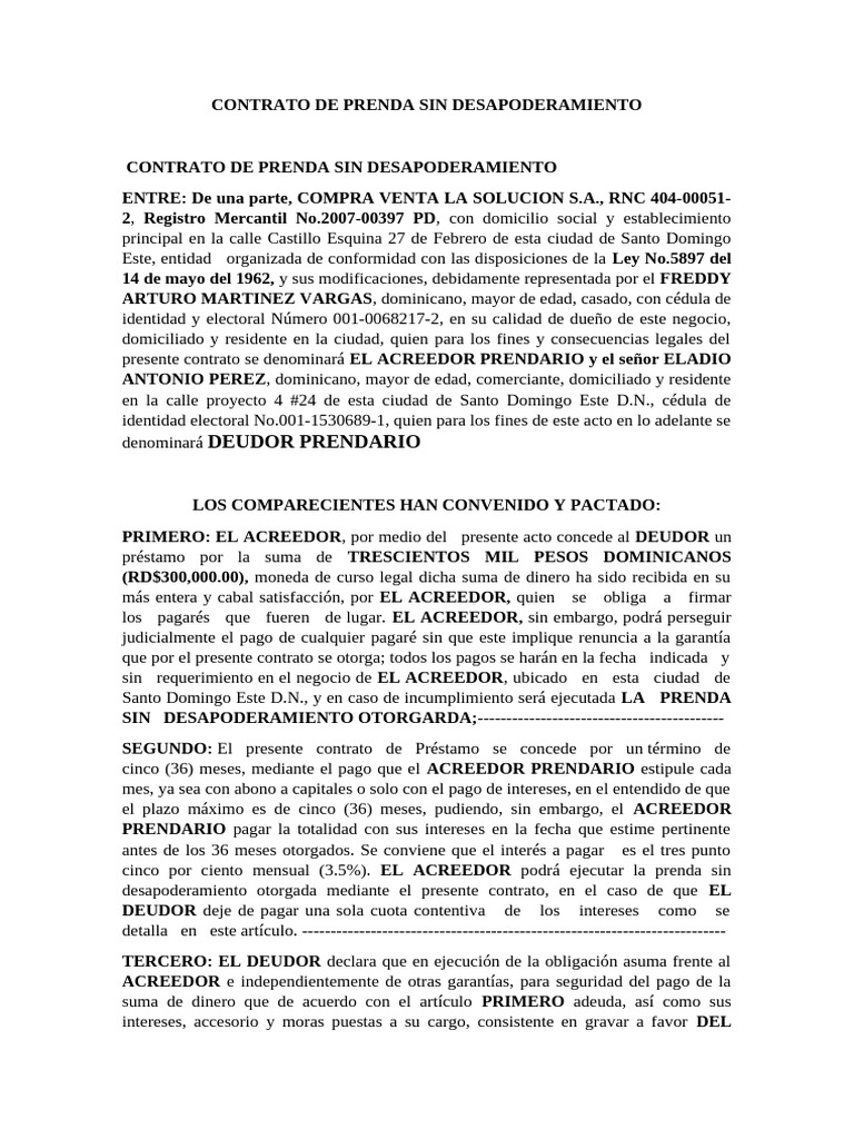 Contrato de Prenda Sin Desapoderamiento | PDF | Pagos