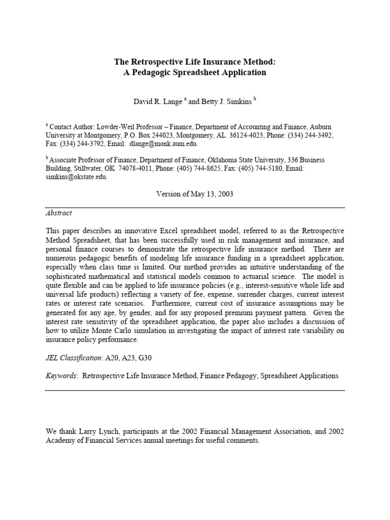 The Retrospective Life Insurance Method | PDF | Insurance | Interest