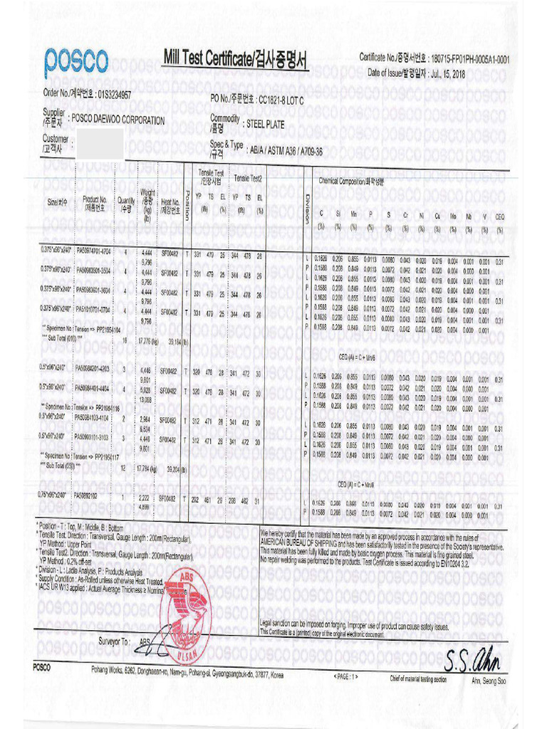 MTR - .500 X 96 X 240 - ASTM A36 - POSCO - Heat Number SF00482 - 2018 | PDF