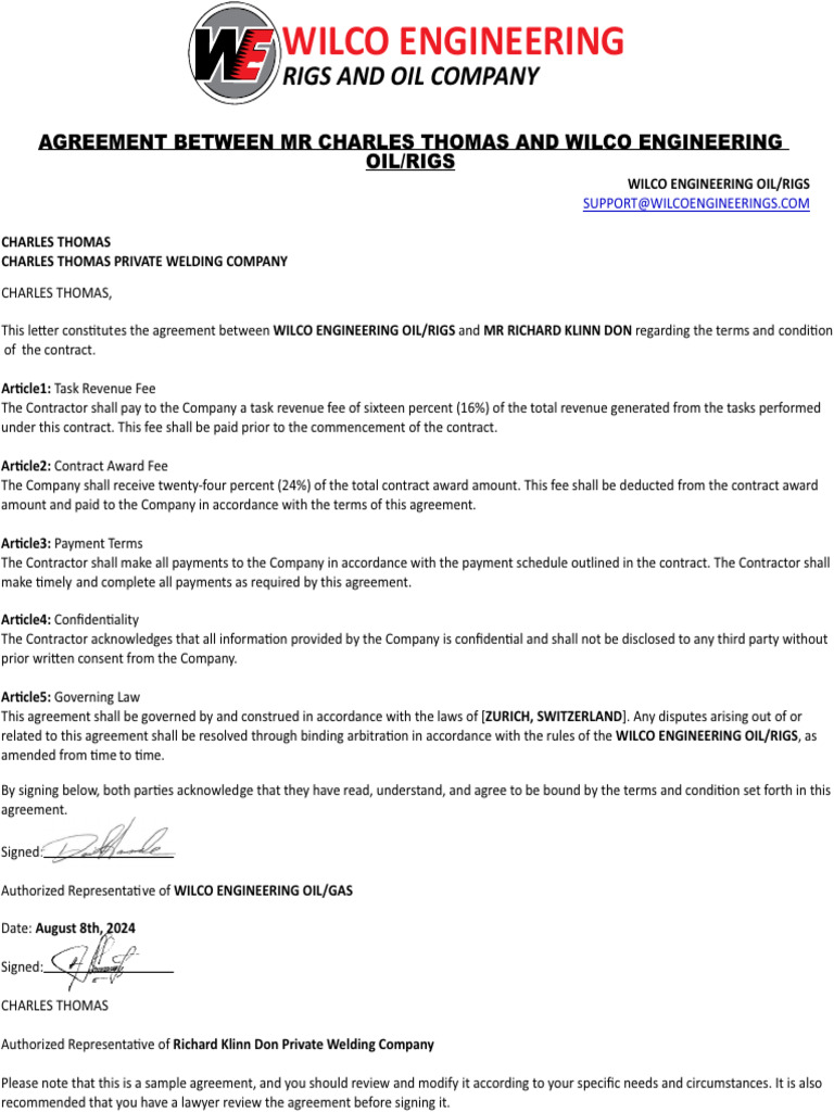 Wilco Engineering Contract Agreement | PDF | Business | Common Law