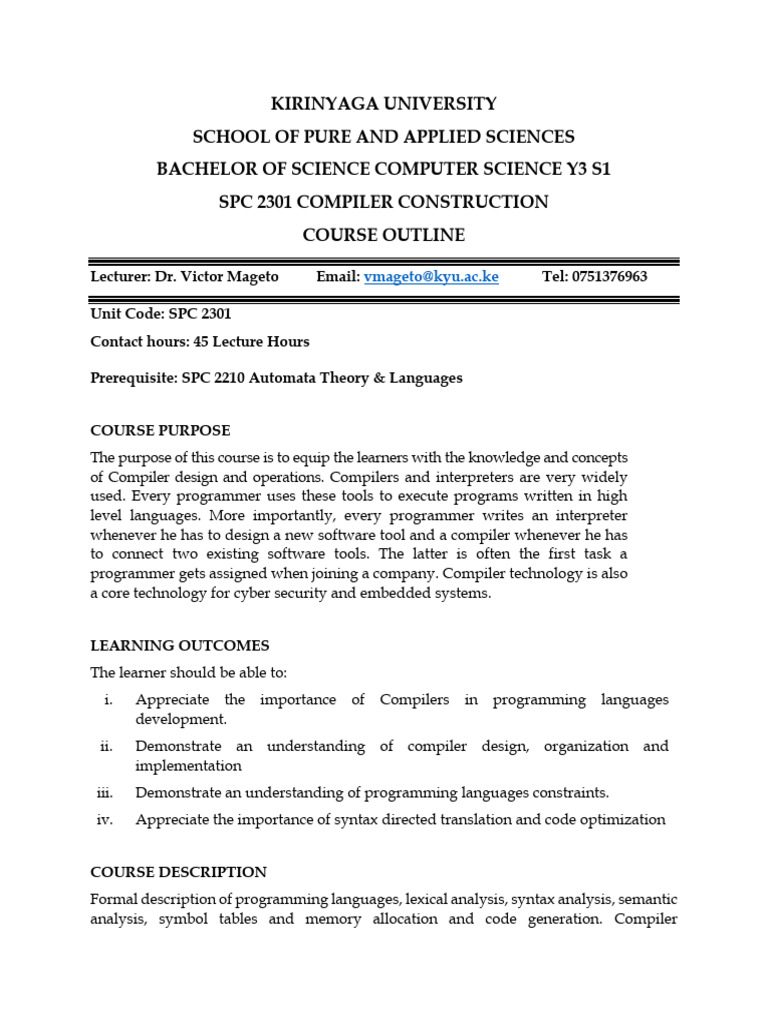 SPC 2301 - Course Outline | PDF | Compiler | Programming Language