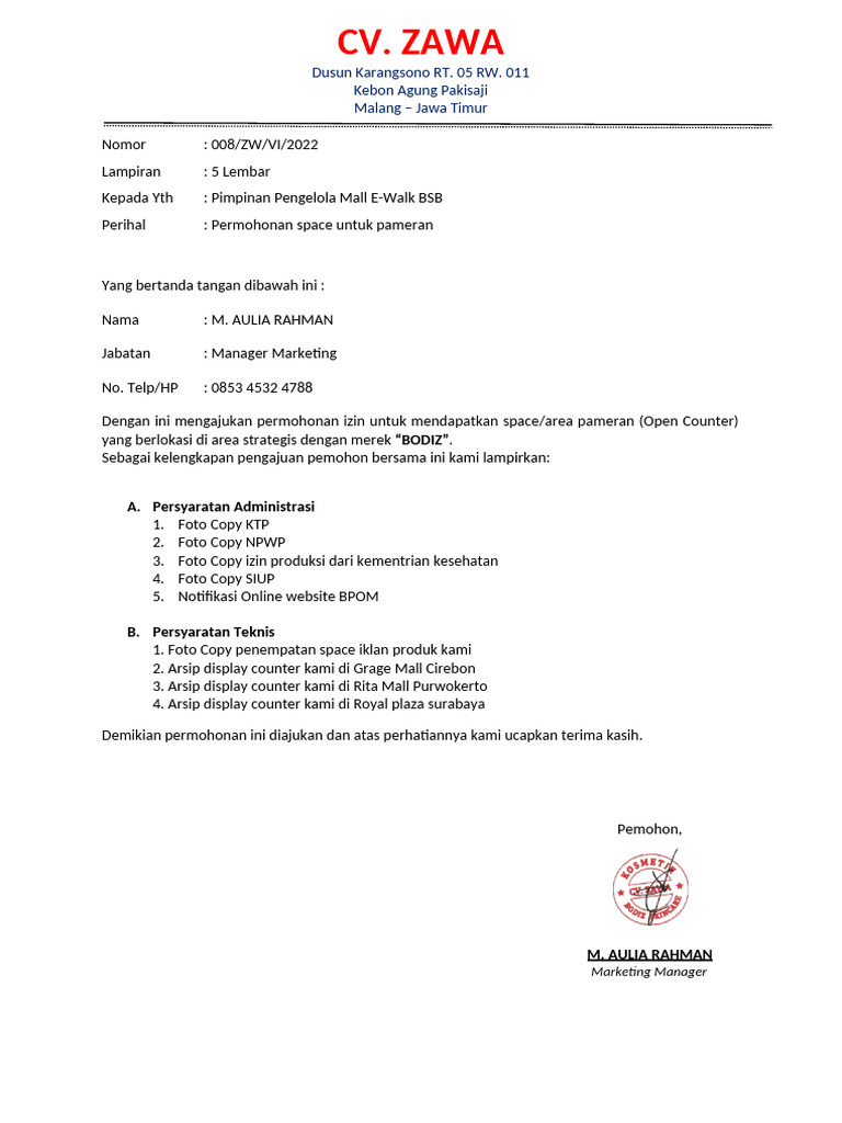 CV. ZAWA - Proposal Space | PDF