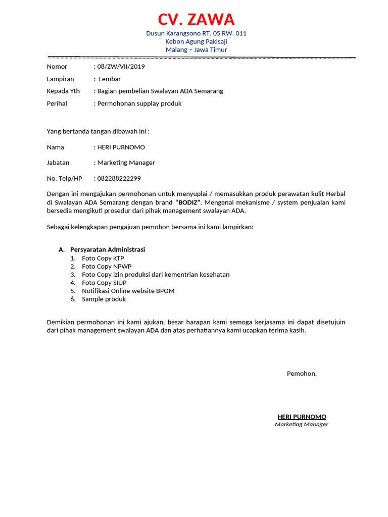 CV. ZAWA - Proposal Suplay Produk | PDF