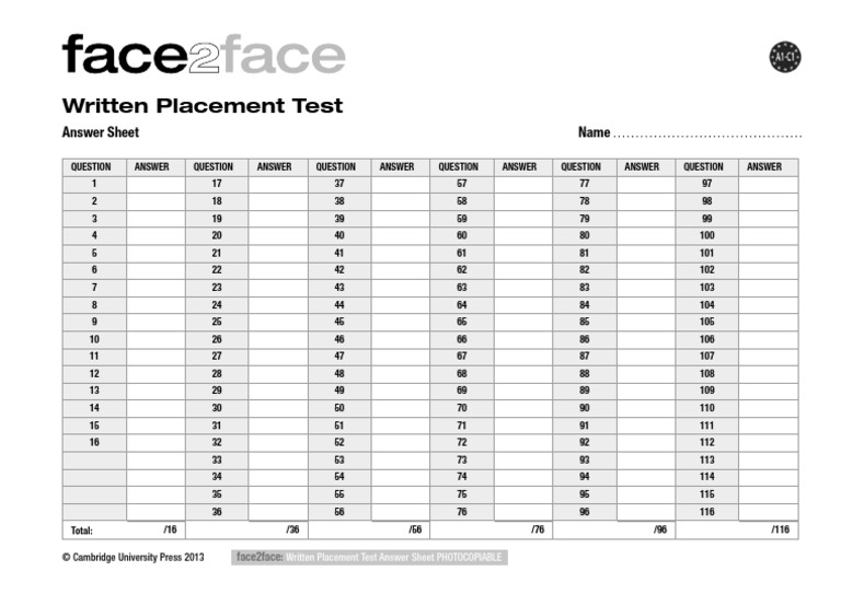 Face2face Written Test Answer Sheet | PDF