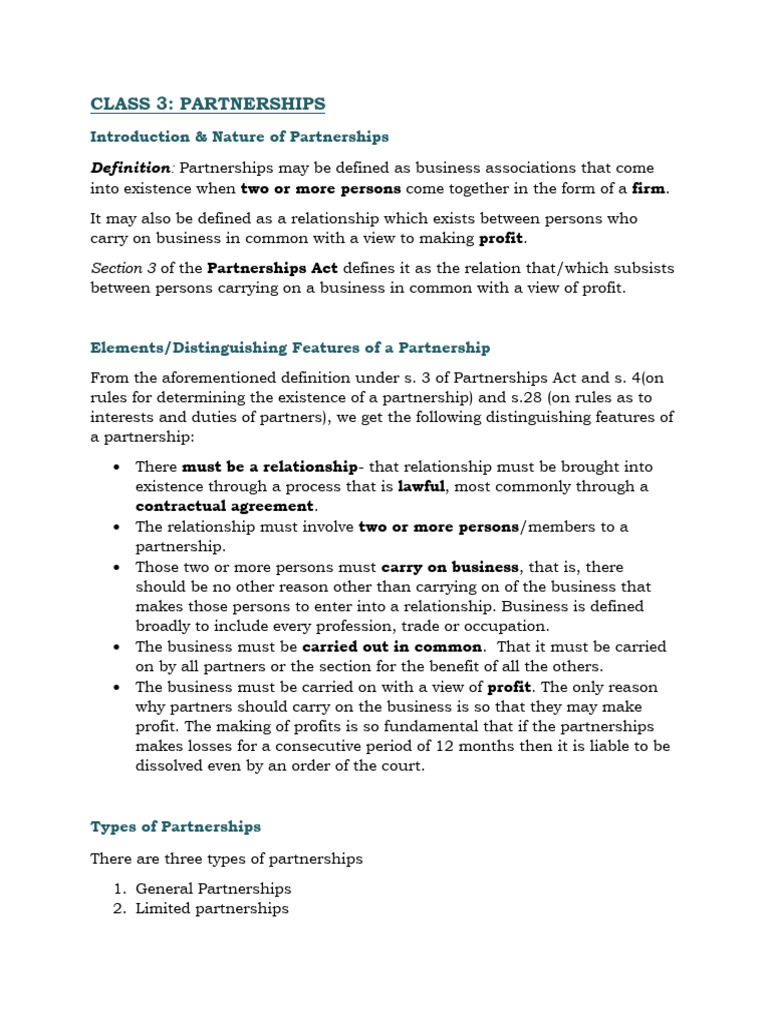 Class 3 Notes The Law of Partnerships | PDF | Partnership | Limited ...