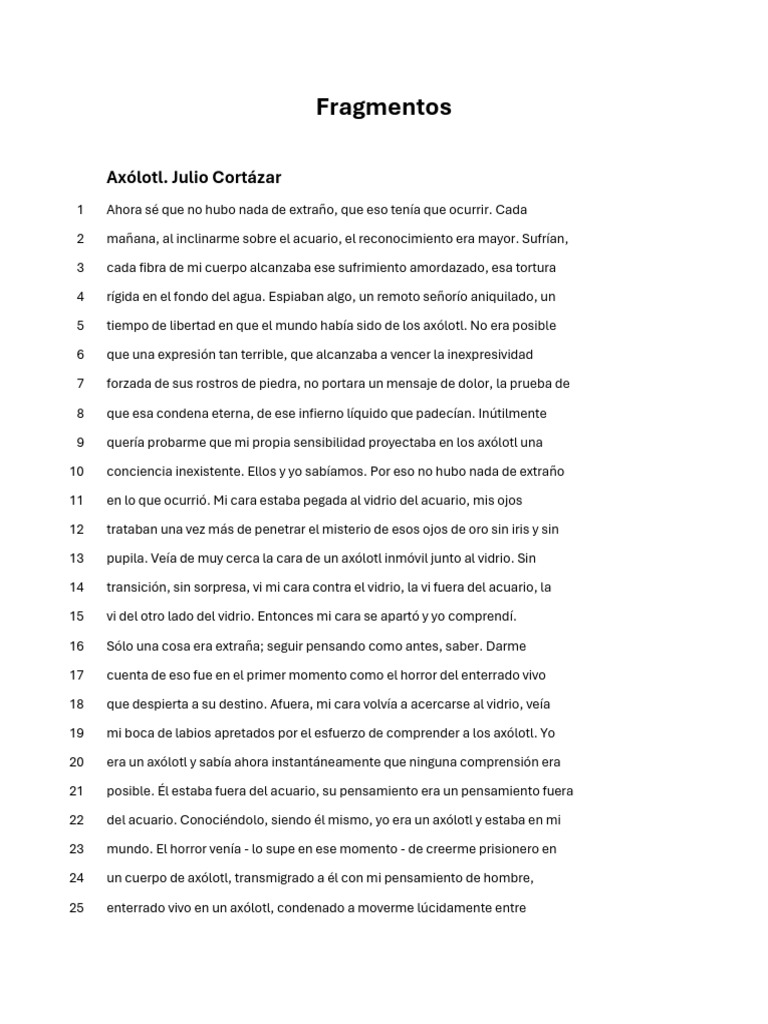 Fragmentos: Axólotl. Julio Cortázar | PDF