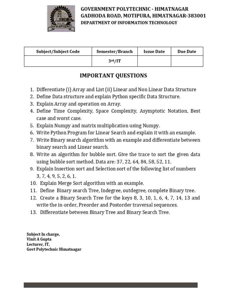 Imp Questions Ds 2023 24 | PDF | Queue (Abstract Data Type) | Time Complexity
