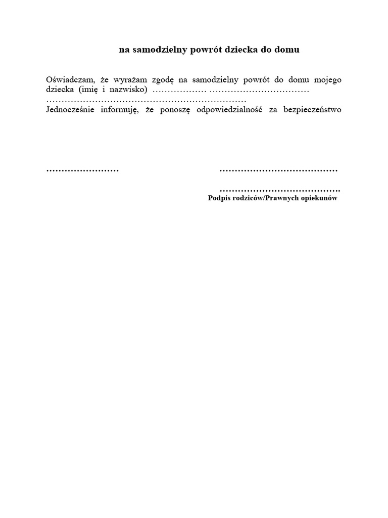 Zgoda Na Samodzielny Powrót Dziecka Do Domu | PDF