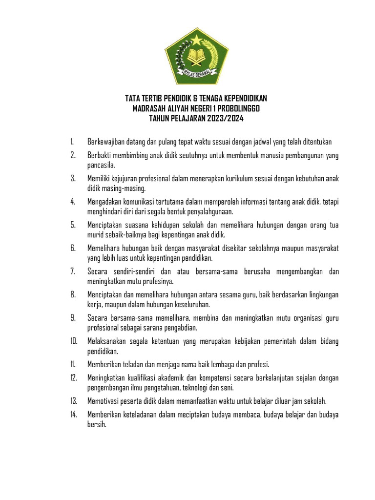 Tatib Guru MAN 1 Probolinggo 2023-2024 | PDF | Kesehatan Holistik | Gaya Hidup