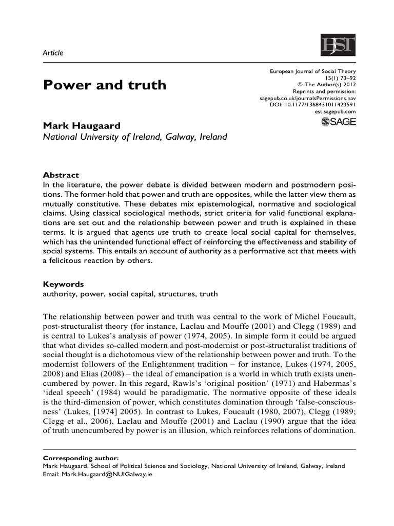 Power and Truth: A Sociological Analysis | PDF | Truth | Prison