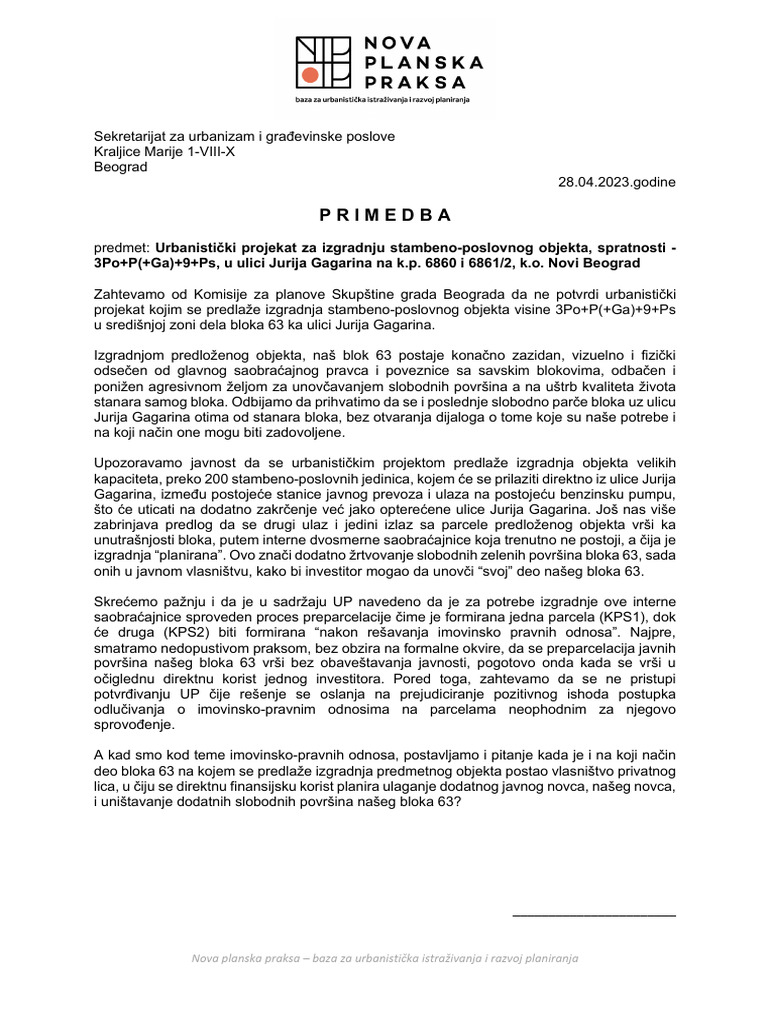 NPP Primedba Blok 63 UP | PDF