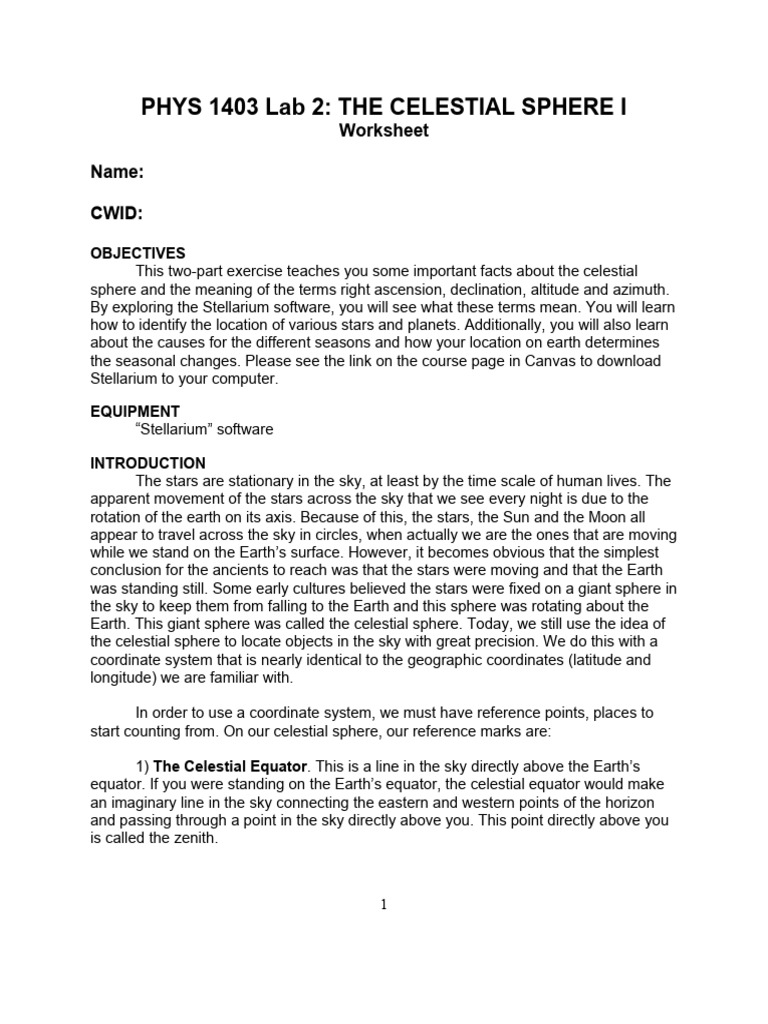Lab2 CelestialSphereI Worksheet | PDF | Astronomy | Geodesy