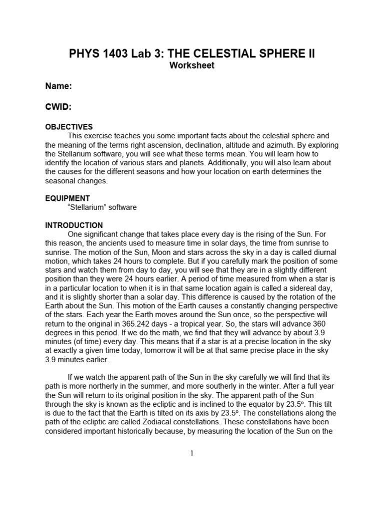 Lab3 CelestialSphereII Worksheet | PDF | Night | Equator