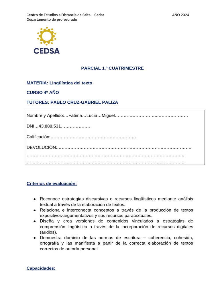Parcial 1c Linguistica Del Texto 2024 | PDF | Oración (Lingüística ...