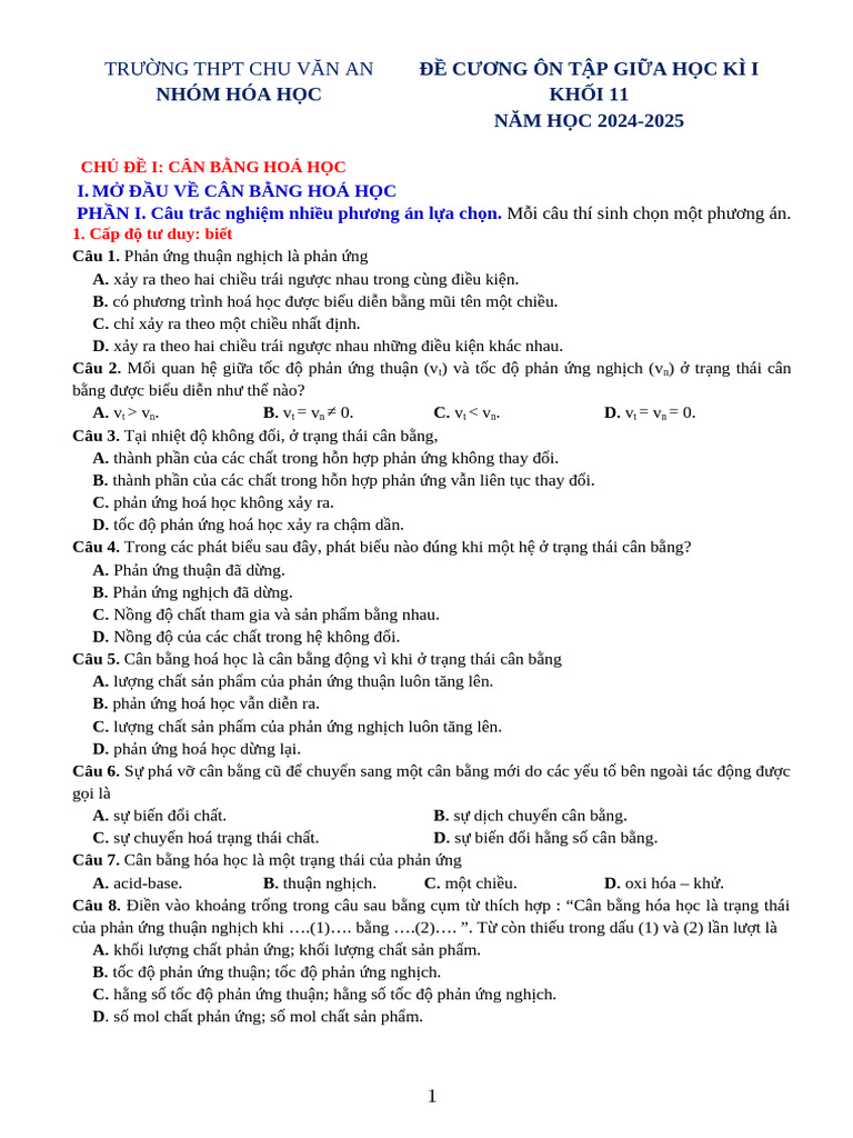 HÓA 11 -Đề Cương GK1 HS-24-25 | PDF