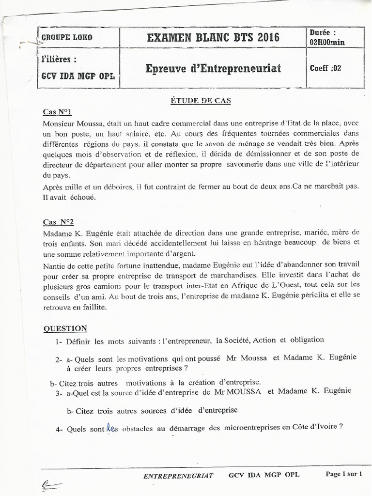 Examen Bts Blanc Filiere Industrielle 2016 Groupe Loko Entrepreneuriat | PDF