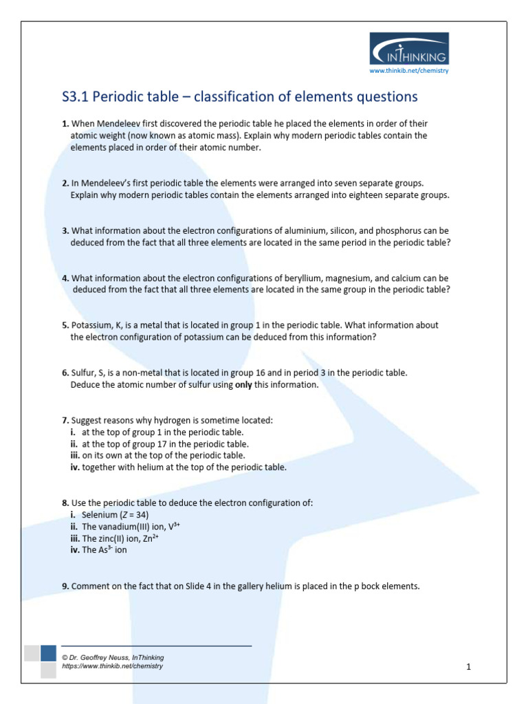 Ws1 Q-S3.1-Periodic-Table - Classification-Of-Elements-Questions | PDF ...