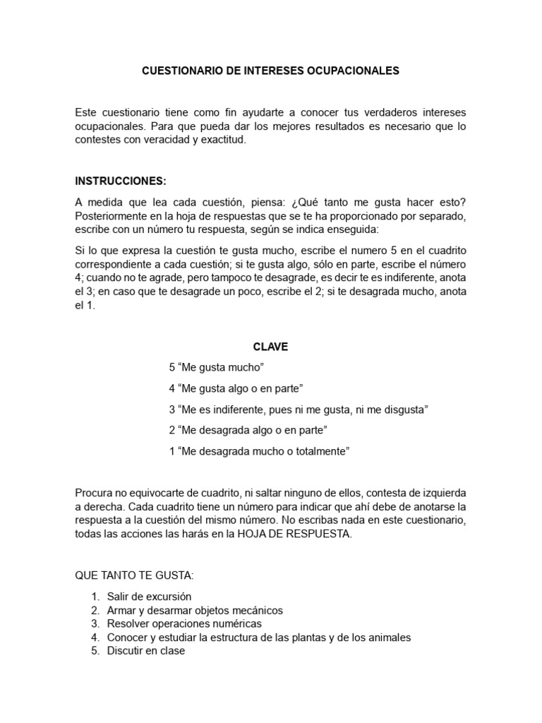 Cuestionario de Intereses Ocupacionales | PDF