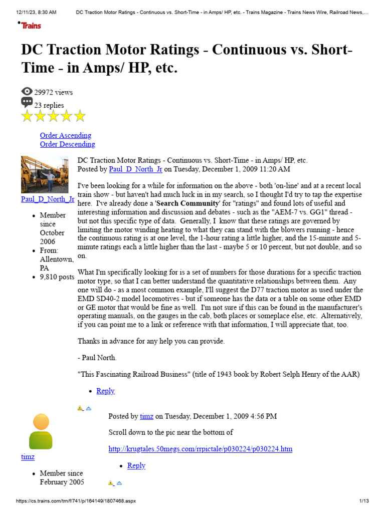 DC Traction Motor Ratings - Continuous vs. Short-Time - in Amps/ HP ...