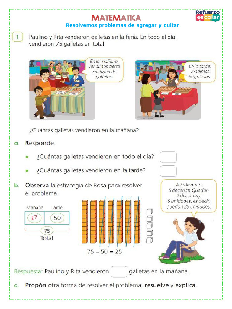 16 Octubre Mat Refuerzo Ficha Resolvemos Problemas de Agregar y Quitar ...