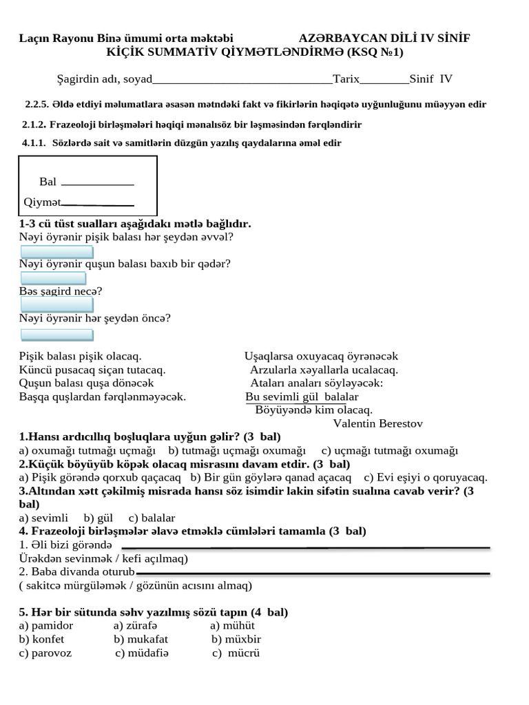 4 - Cu Sinif Azerbaycan Dili KSQ-1 (MUTELLİM BEHBUDOV) | PDF