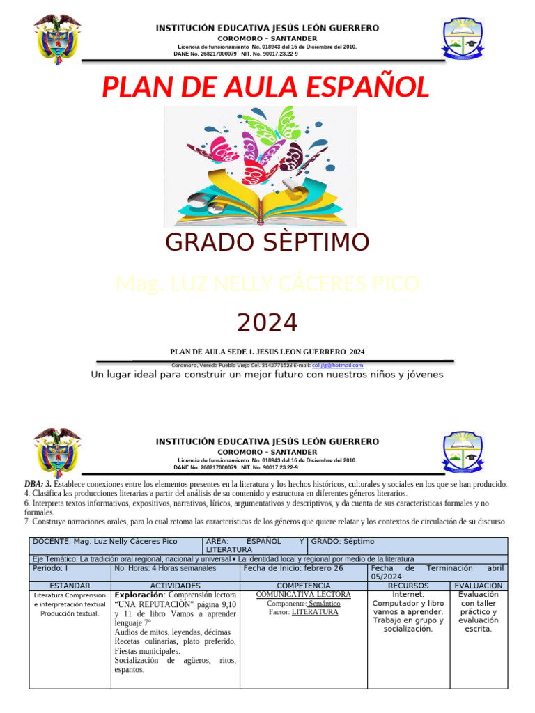 Plan de Aula Español SÉPTIMO 2024 (Modelo) | PDF | Oración (Lingüística) | Poesía