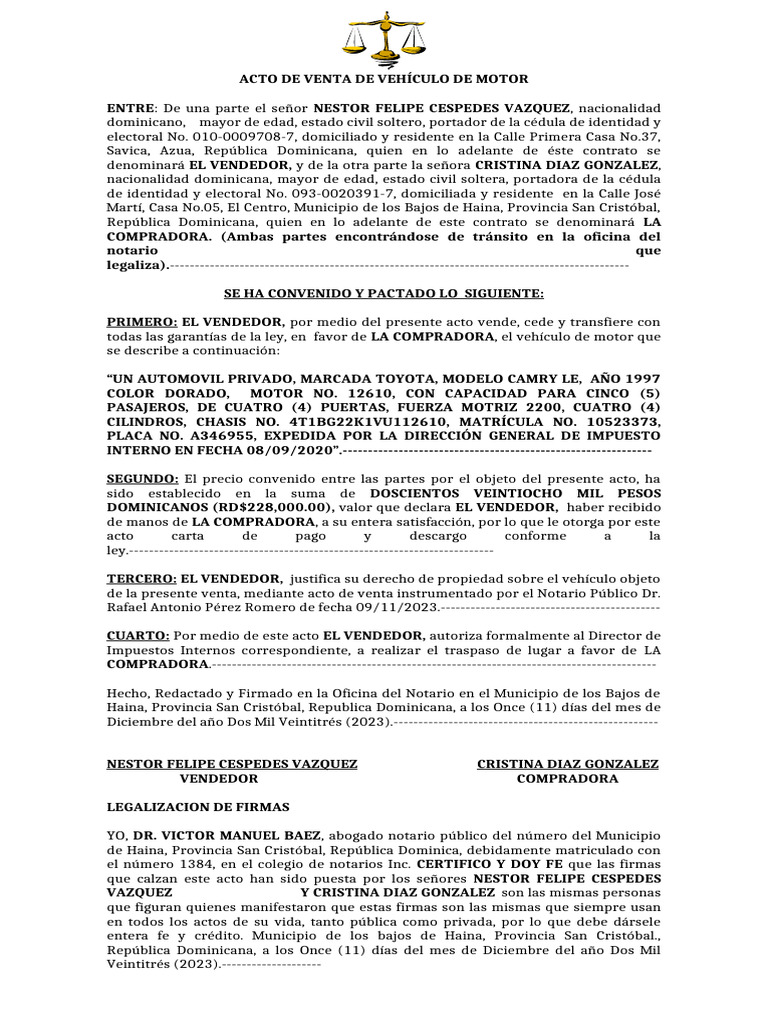 Acta de Venta de Vehículo 2023 | PDF | República Dominicana