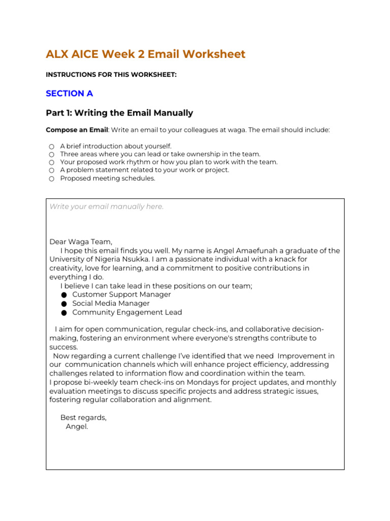 ALX AICE Week 2 Email Worksheet | PDF | Cognitive Science | Learning