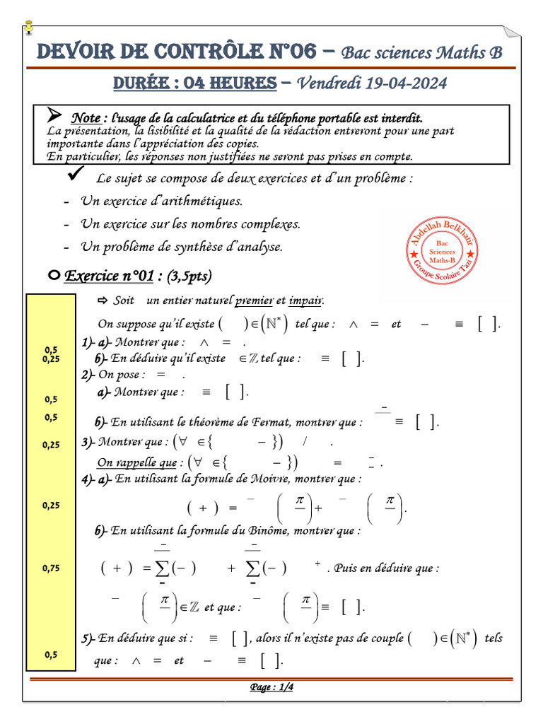 Devoir de Contrôle - NO - 06 Bac SC Maths - B | PDF | Fonction ...