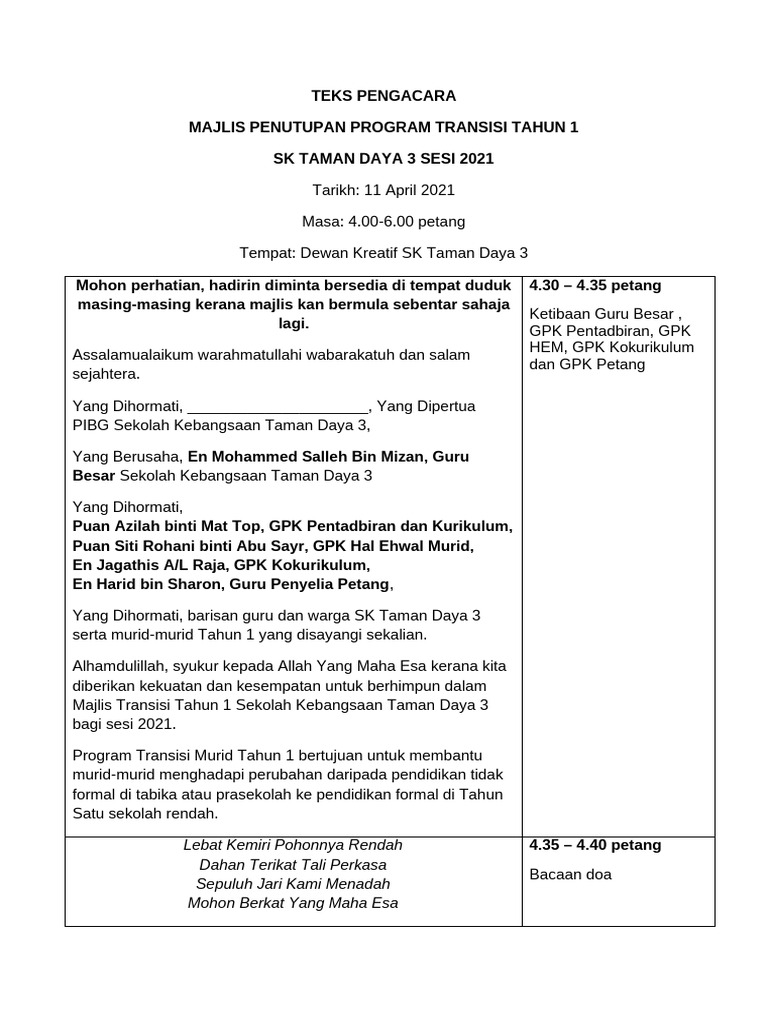 Teks Pengacara Majlis Penutupan Minggu Transisi | PDF