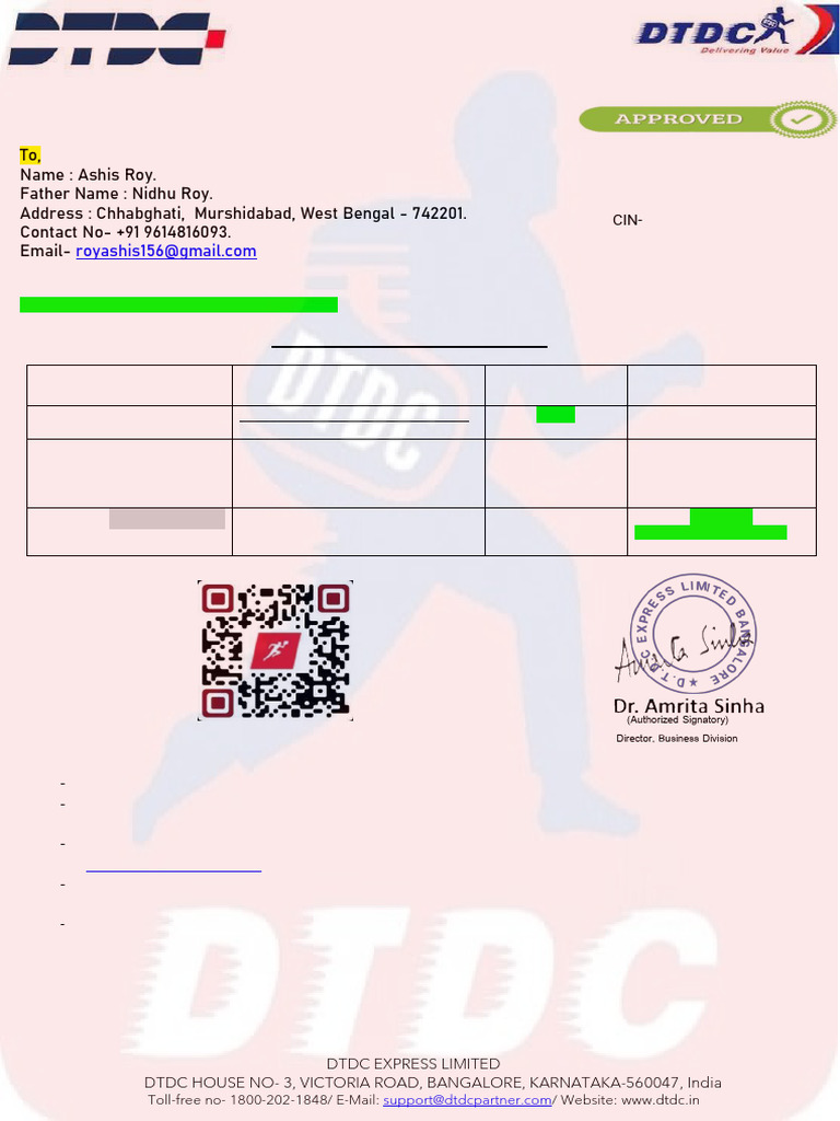 DTDC Registration Payment Invoice - 1 | PDF | Receipt | Payments