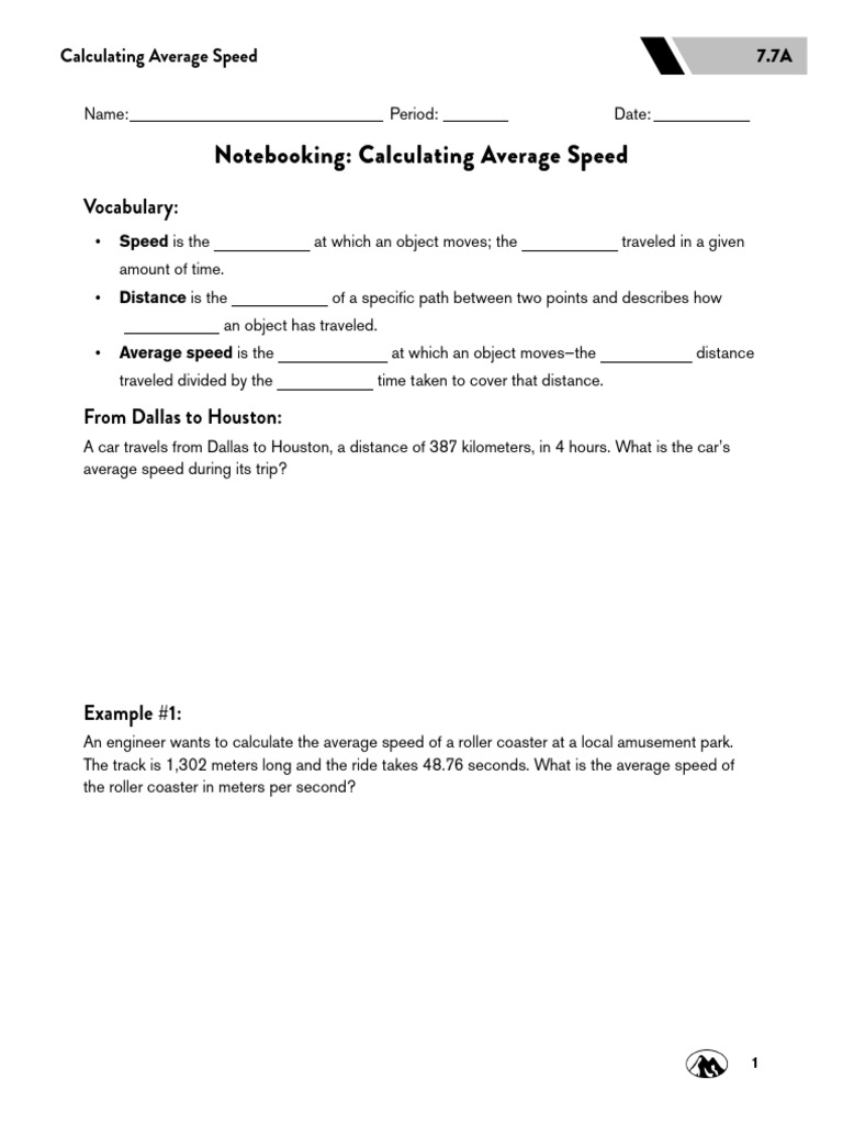 Notebooking Calculating Average Speed | PDF