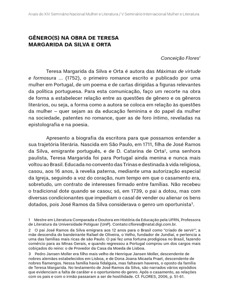 FLORES, Conceição. Gênero Na Obra de Teresa Margarida | PDF | História ...