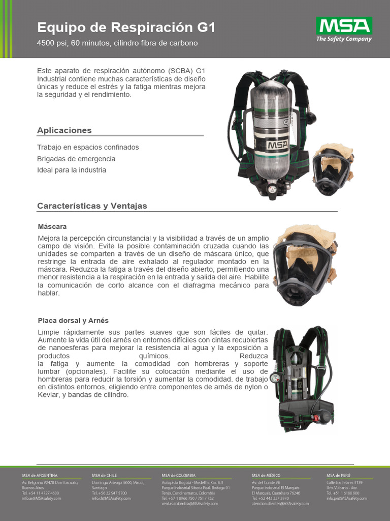 01 MSA SCBA-G1-Industrial Technical Datasheet ES | PDF | Respiración