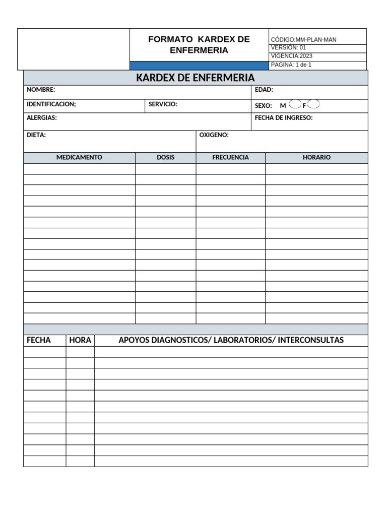 Formato Kardex de Enfermería 2023 | PDF