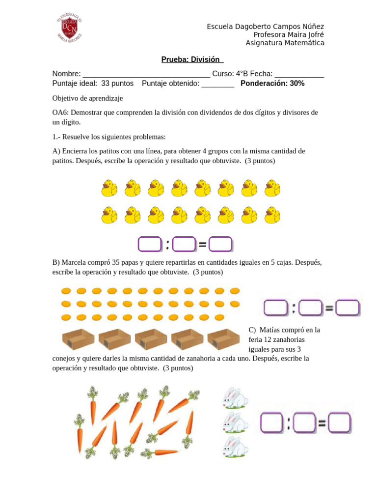 Prueba de División 4° Básico | PDF