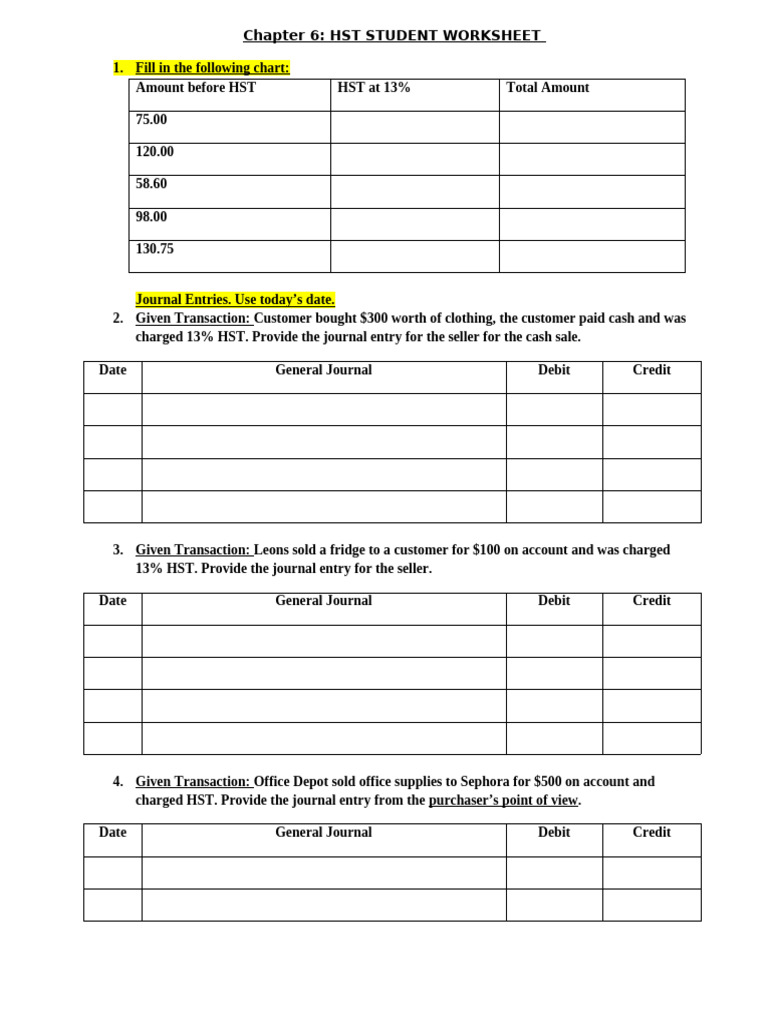 HST STUDENT WORKSHEET - New | PDF | Debits And Credits | Financial ...