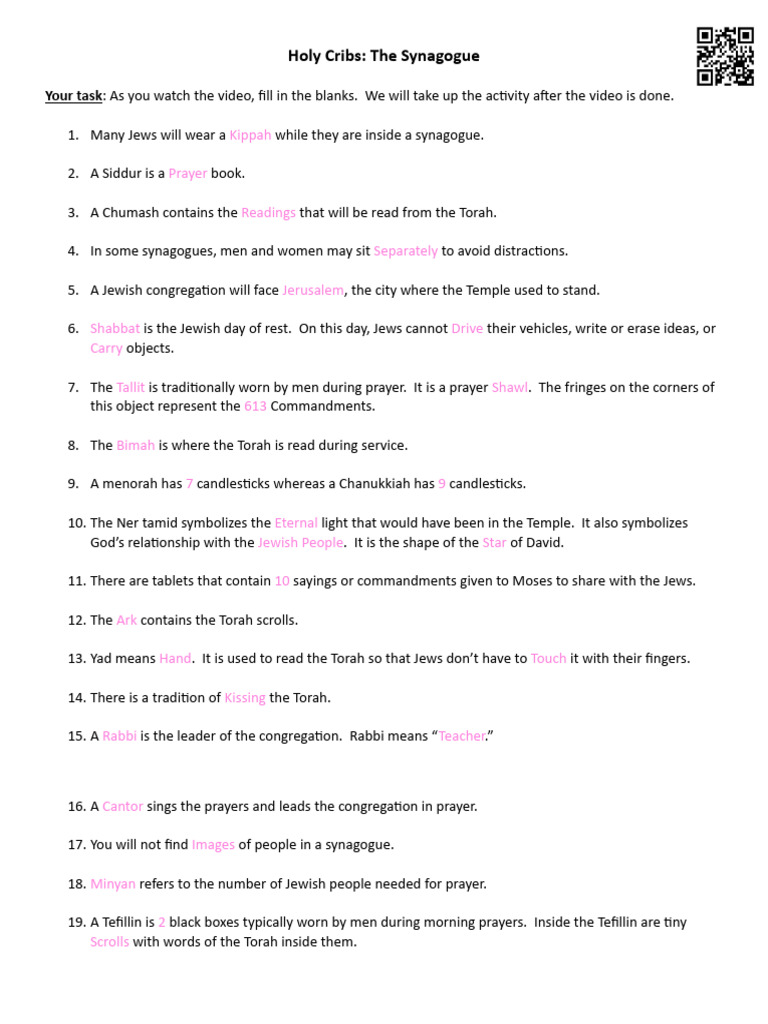 Holy Cribs Judaism Worksheet | PDF | Synagogue | Jewish Prayer