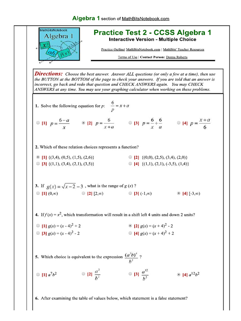 Practice Test 2 - CCSS Algebra 1 | PDF