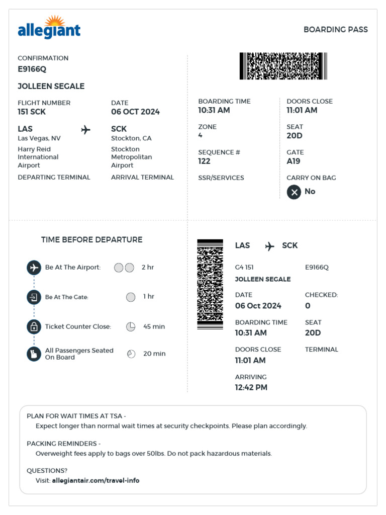 Boarding Pass: E9166Q Jolleen Segale 151 SCK 06 OCT 2024 LAS SCK 10:31 AM 11:01 AM 20D 122 A19 ...