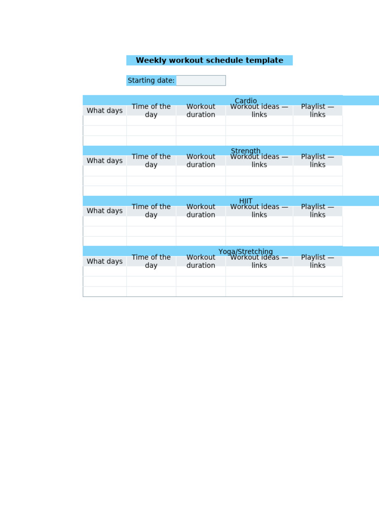 Weekly Workout Schedule Template | PDF | Self-Improvement
