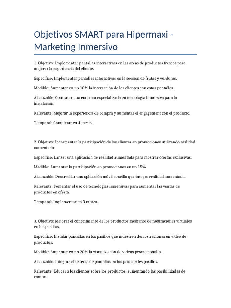 Objetivos SMART Hipermaxi Marketing Inmersivo | PDF | Negocios